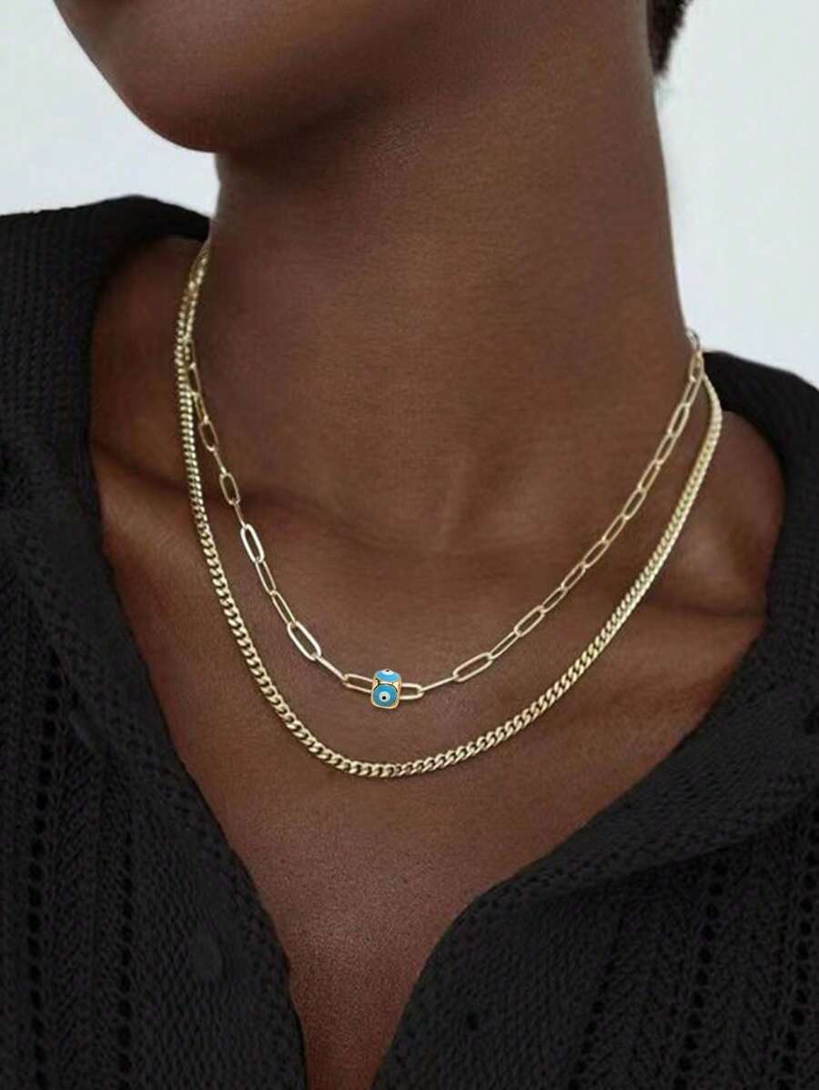 2 Stücke/set Modische Und Kreative Blaue Augen Design Schicht Halsketten, Schloss Und Schlüssel ...