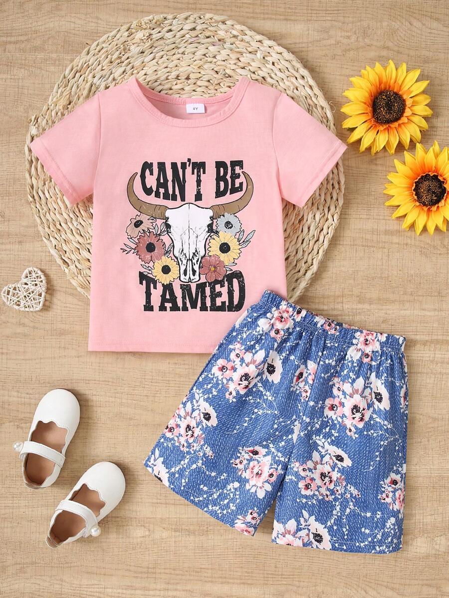 Young Girl Summer Casual Cow Pattern Short Sleeve T Shirt And Shorts