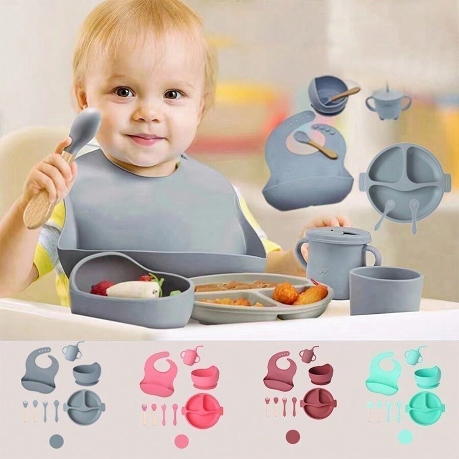 Kit 4 8 pecas Talheres do Bebê Conjunto Prato De Jantar De Silicone