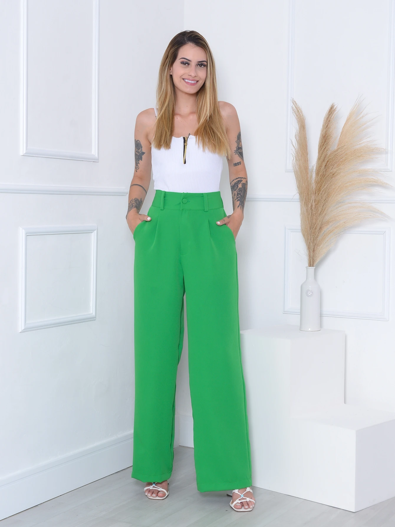 ICID Lovito Calça Casual Lisa Perna Larga Básica Brilhante | SHEIN Brasil