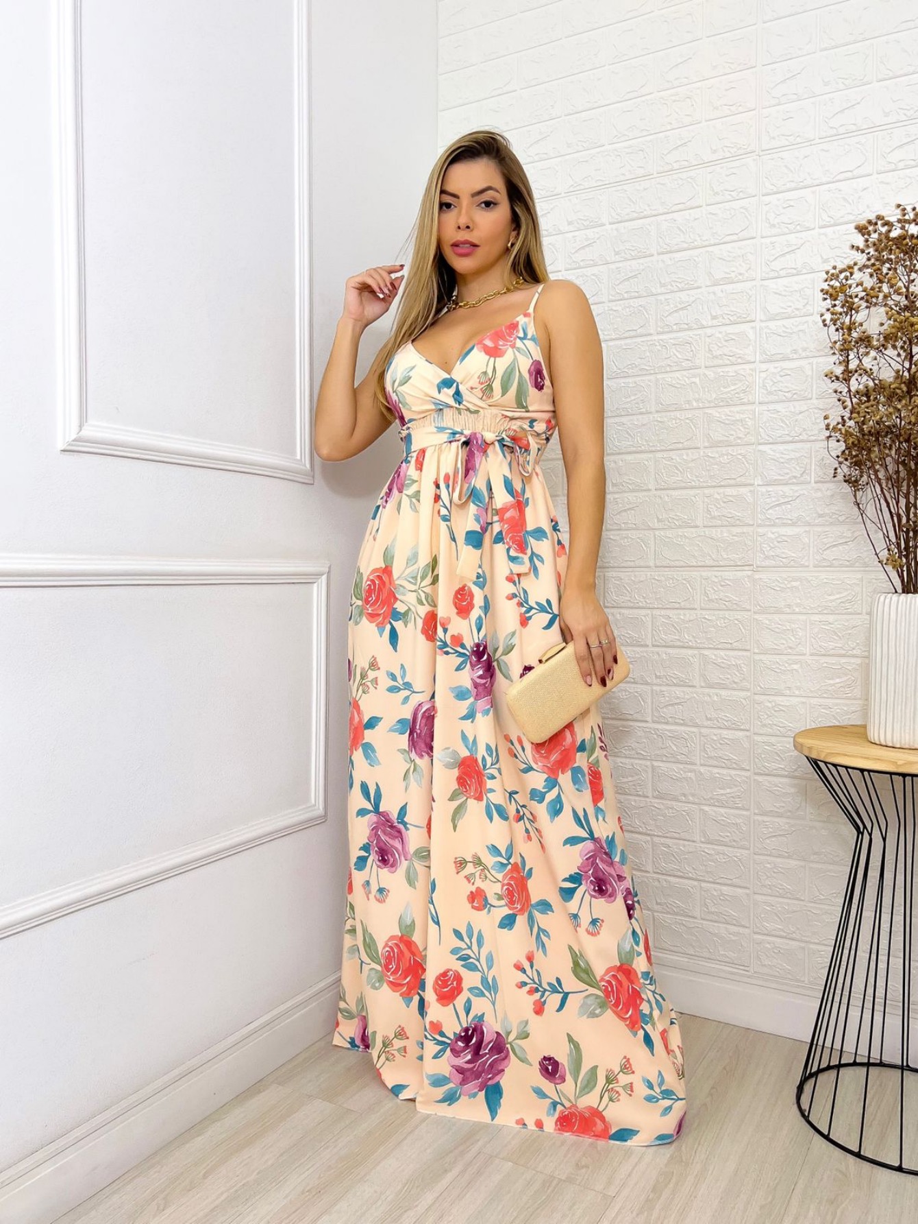 LEE BEAUTY Vestido Feminina Longo Floral Alcinha ajustável Com bojo ...