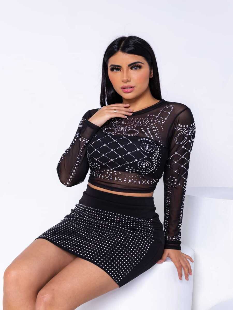 Edna Modas Conjunto Cropped + Saia pedraria Lançamento Moda Blogueira ...