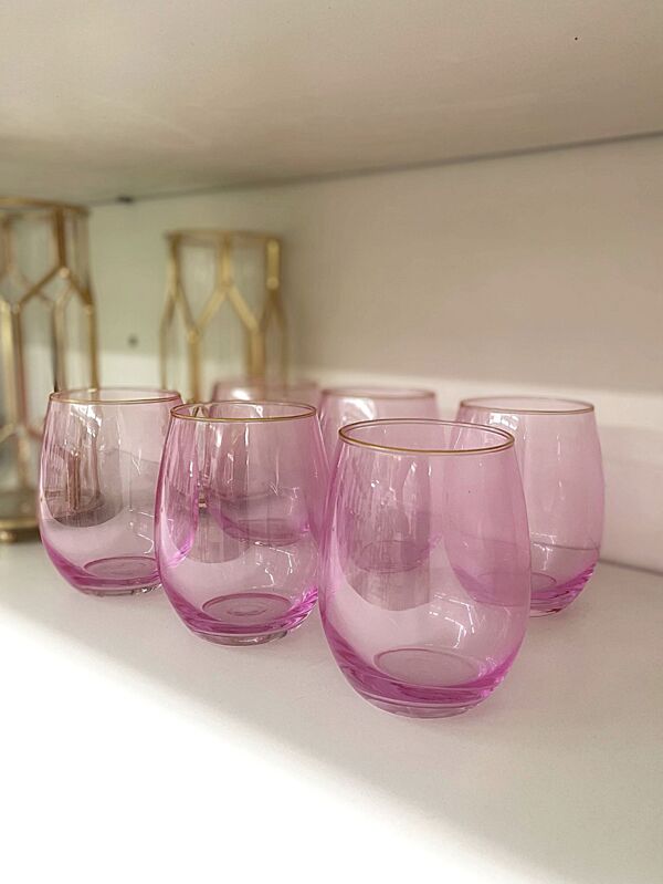 Jogo 6 copos de vidro rosa com borda dourada 580 ml | SHEIN Brasil