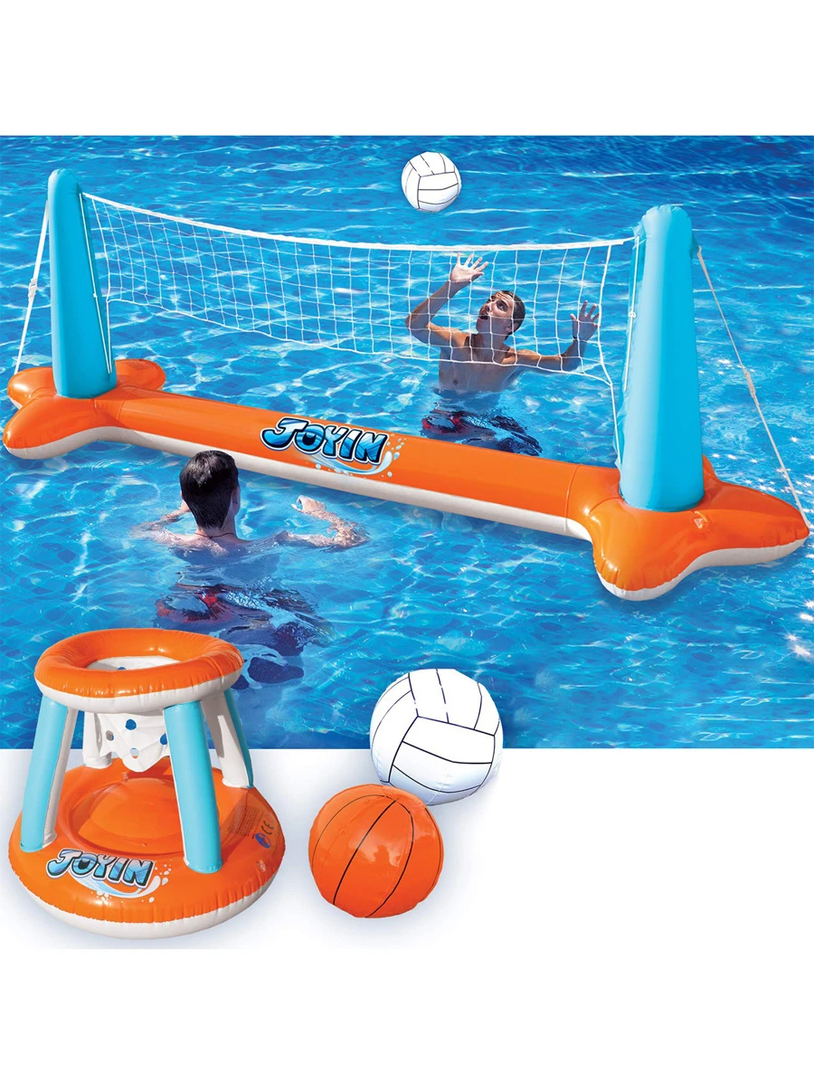 Joyfy Inflatable Pool Float Set Volleyball Net & Basketball Hoops ...