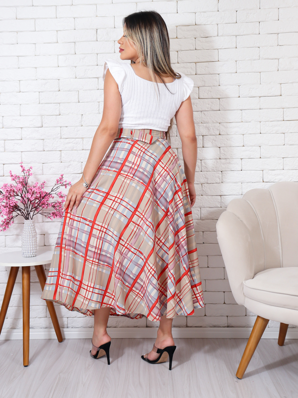 Abby rona saia longa estampa com cinto cintura alta | SHEIN Brasil