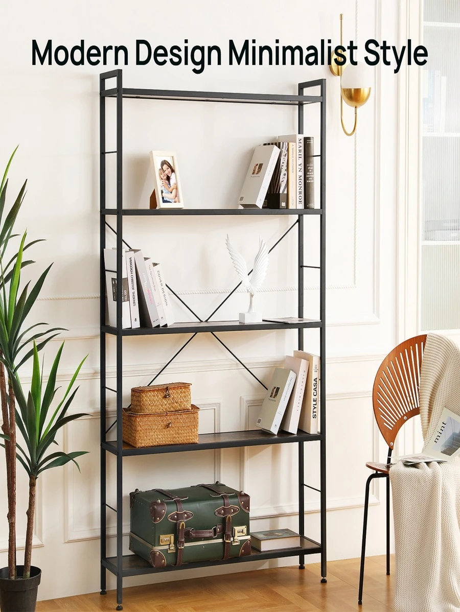 5-Shelf Bookshelf, Modern Freestanding Bookcase with Steel Frame, X ...