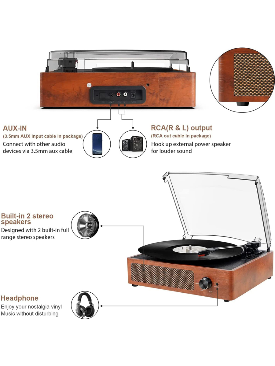 Bluetooth Vinyl Record Player Turntable With 2 Stereo Speakers, 3 Speed ...