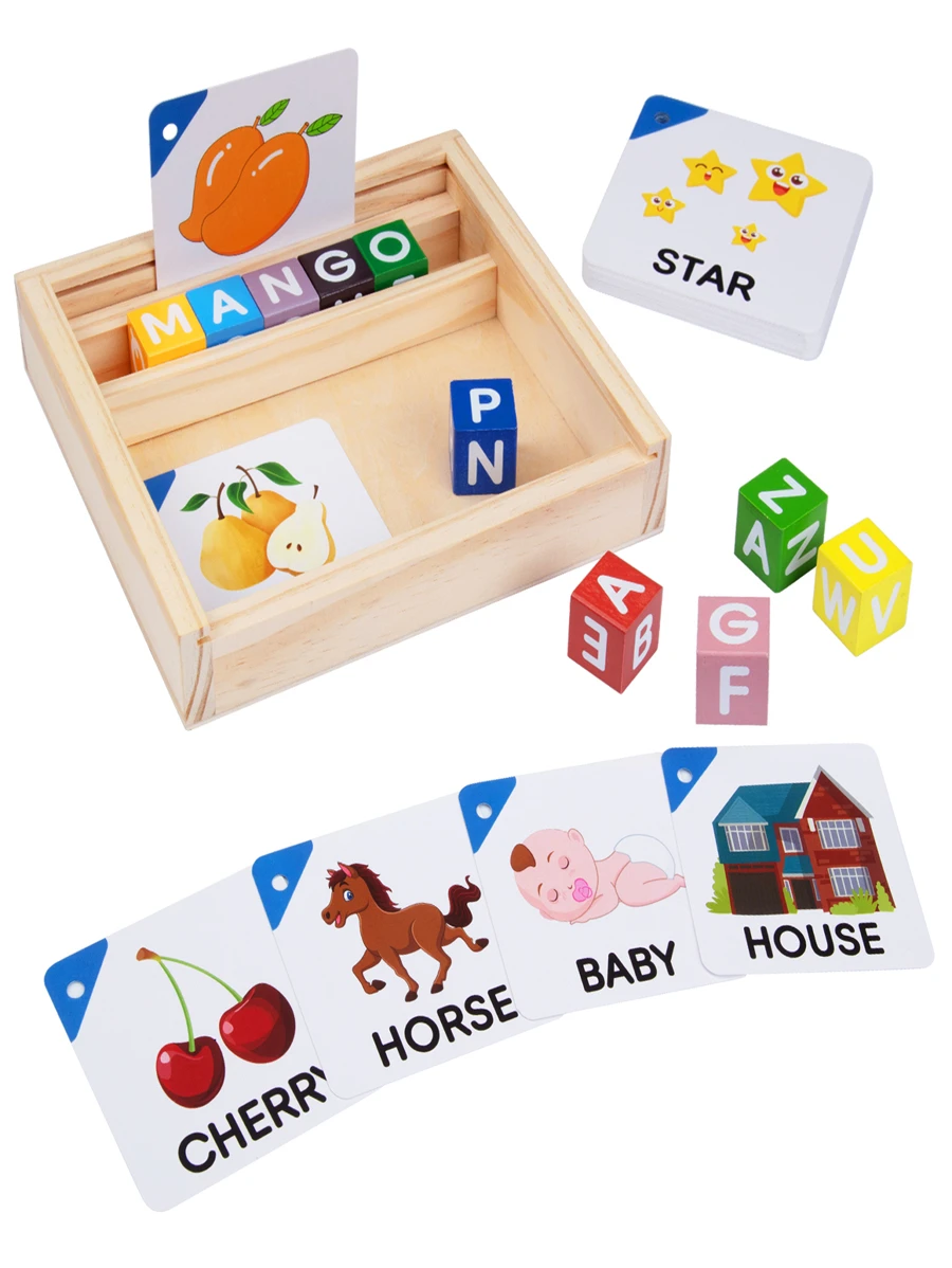 Matching Letter Wooden Blocks Spelling Game Kids Educational Montessori ...