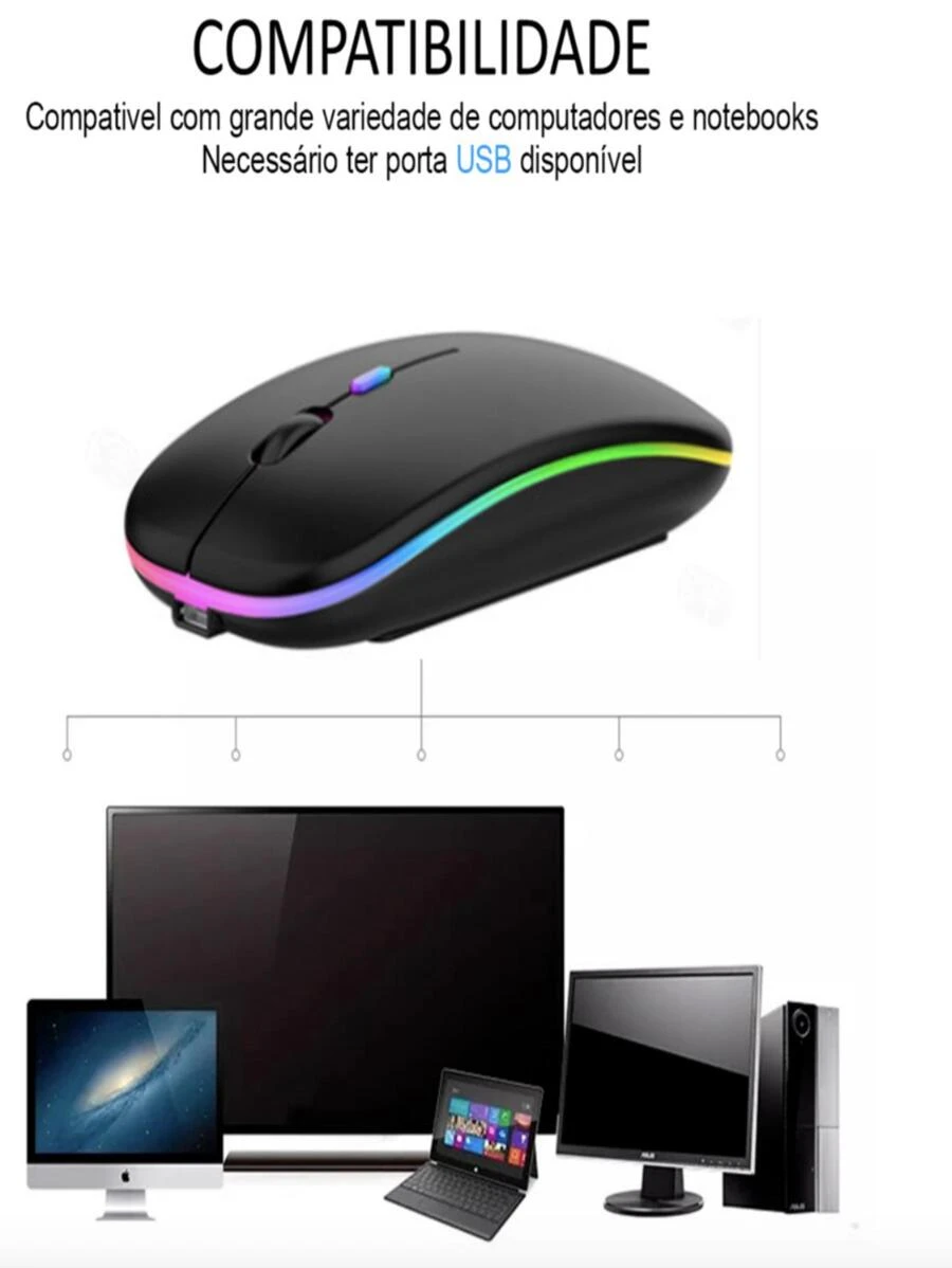 Mouse Sem Fio Wireless Com Bateria Interna Recarregavel 2,4 Ghz Led RGB ...