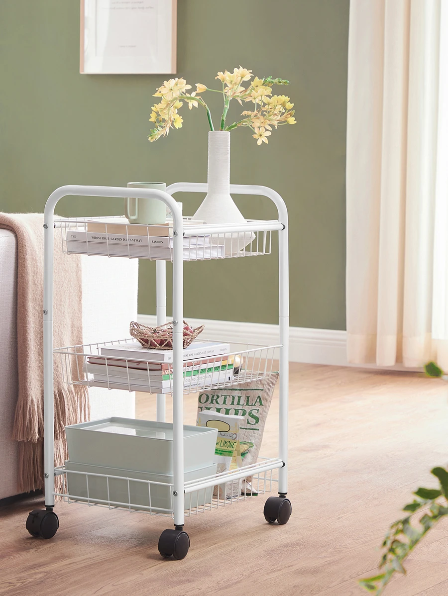 SONGMICS 3-Tier Metal Rolling Cart Wheels with Baskets, Lockable ...