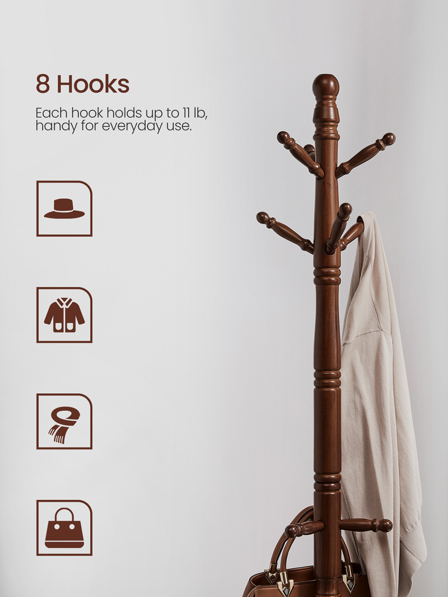 VASAGLE VASAGLE Coat Rack, Solid Wood Coat Stand, Free Standing Hall ...