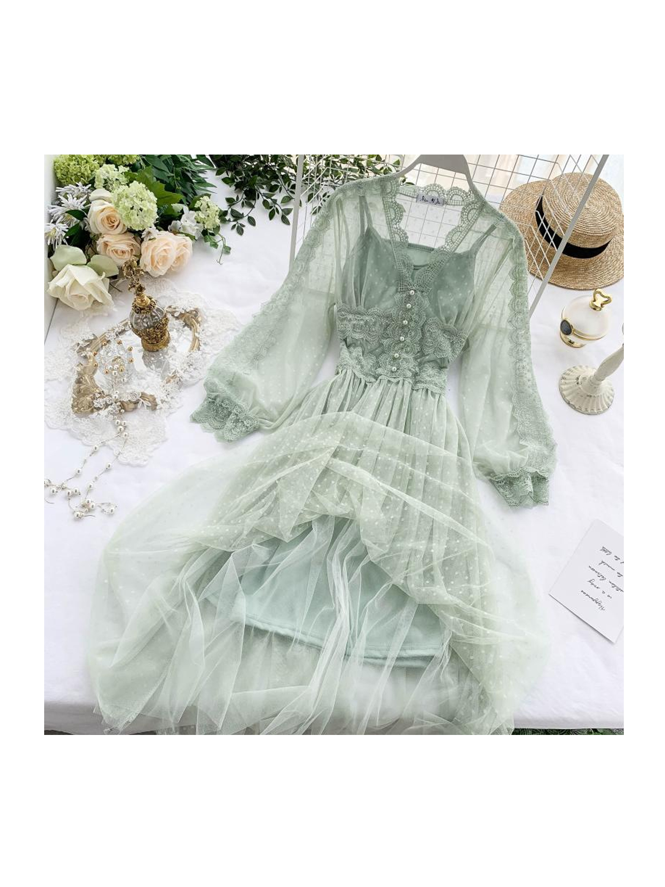 Mujer Encaje Hueco Puff Manga Floral Vestido De Malla Elegante | Moda ...