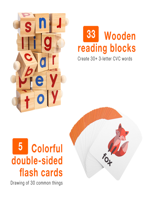 Wooden Reading Blocks, Rotating Letter Puzzle, Spelling Games with Flash Cards, Vowel Alphabet ...