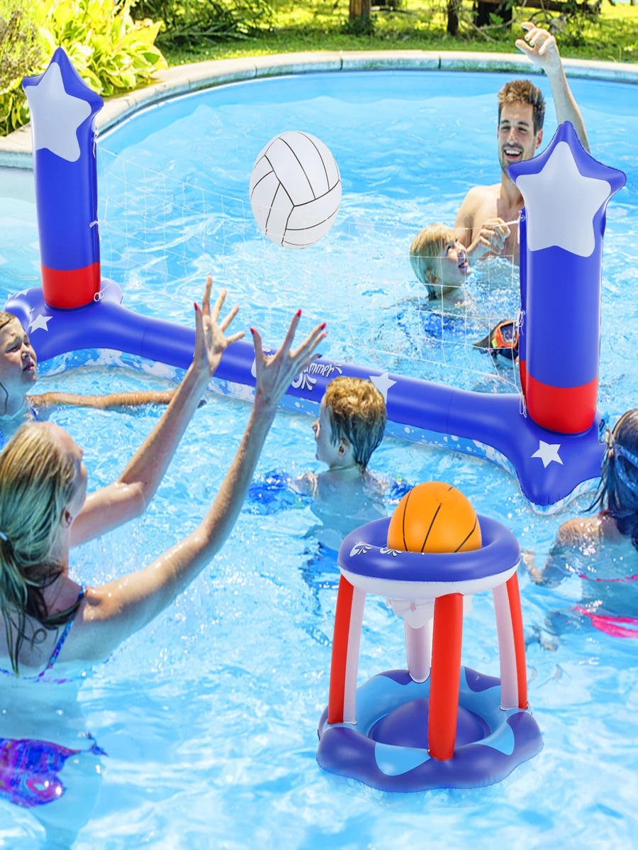 Inflatable Pool Float Set Games Volleyball Net & Basketball Hoops, Pool ...