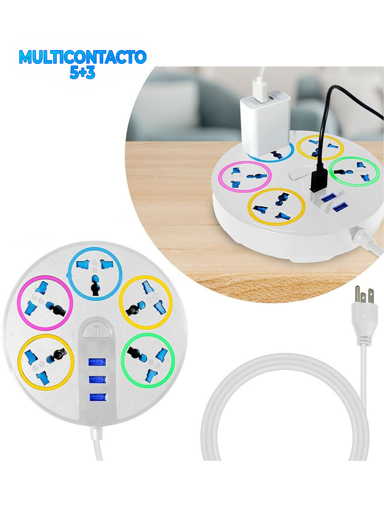 ELEGATE Multicontacto Circular Multiusos 5 Contactos + 3 Puertos Usb