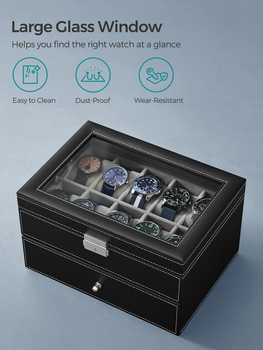 SONGMICS 20-Slot Watch Box, Watch Case with Glass Lid, 2 Layers ...