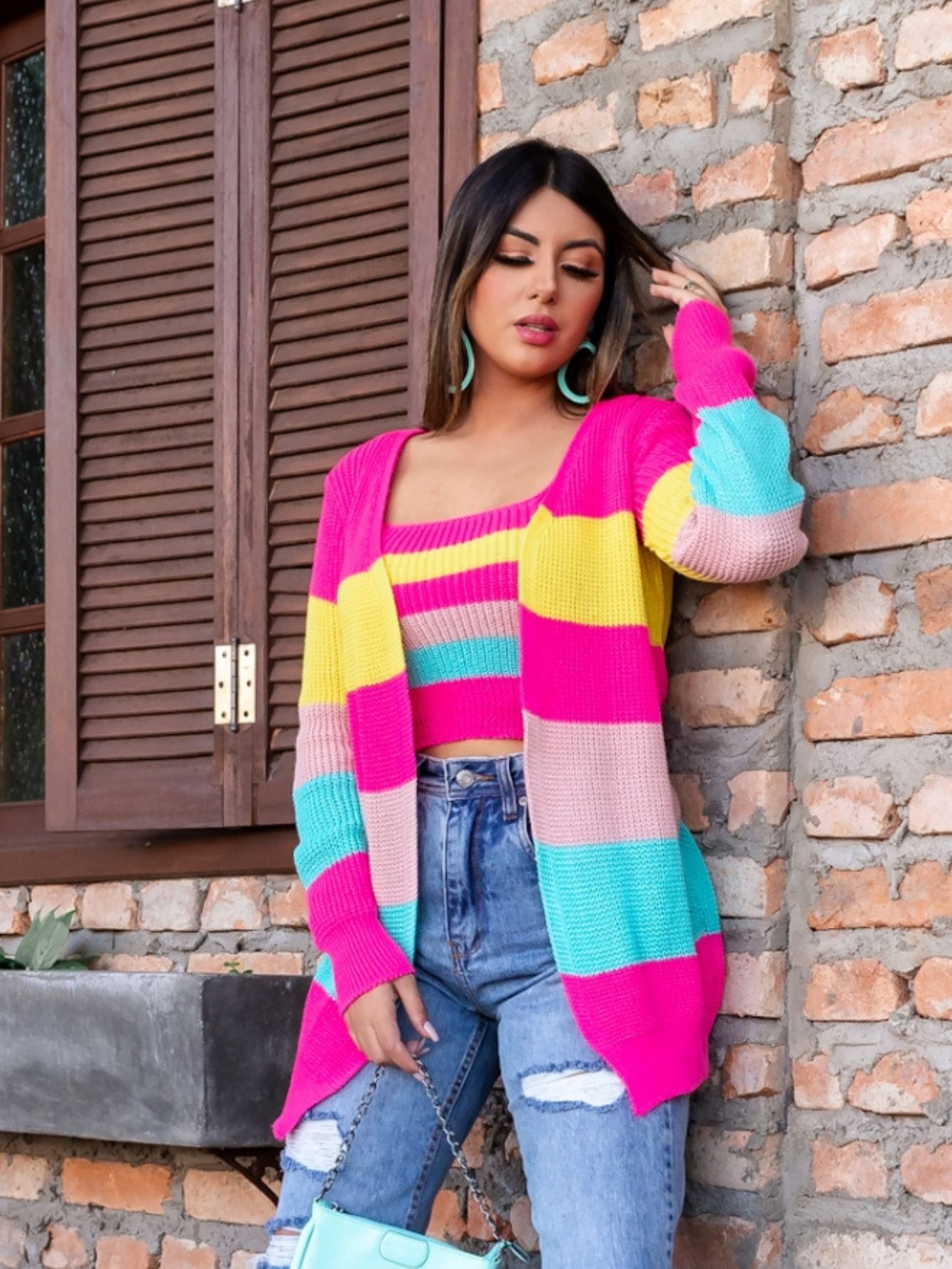 Sampaz Comércio Cardigan Cropped Tricô Twin Set Colorido Tendência