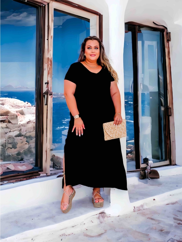 VESTIDO LONGO PLUS SIZE MID SIZE DECOTE V BASICO COM MANGA ELEGANT ...