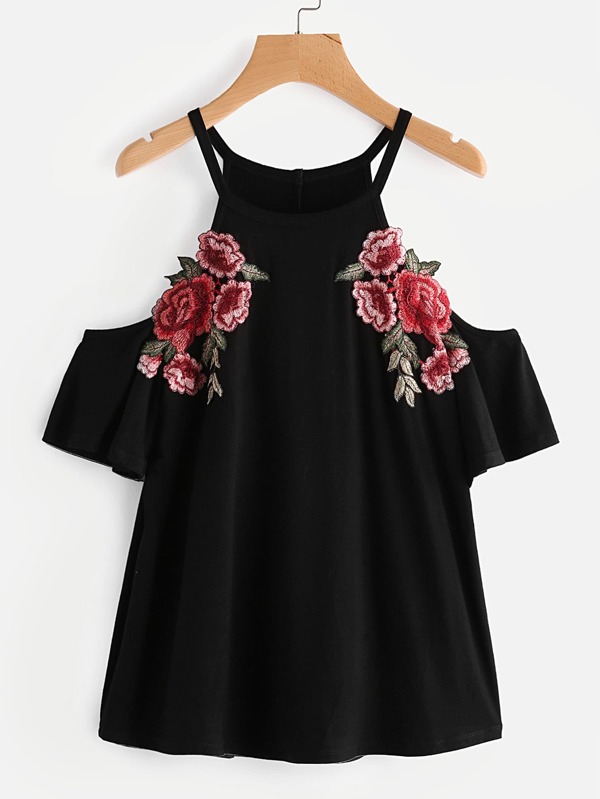 SHEIN Embroidered Rose Patch Cold Shoulder Tee | SHEIN USA