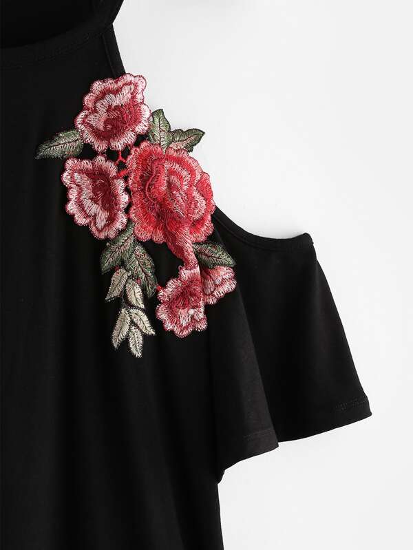 SHEIN Embroidered Rose Patch Cold Shoulder Tee | SHEIN USA
