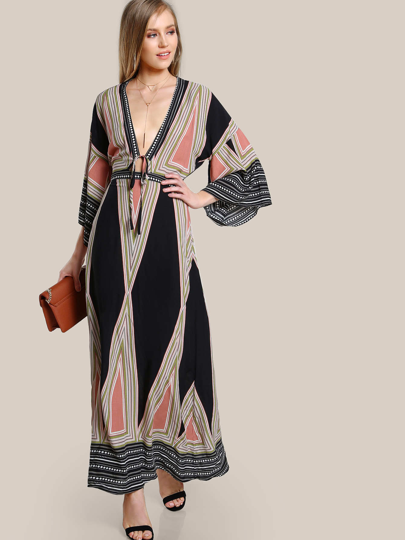 Plunging Neckline Boho Maxi Dress BLACK -SheIn(Sheinside)