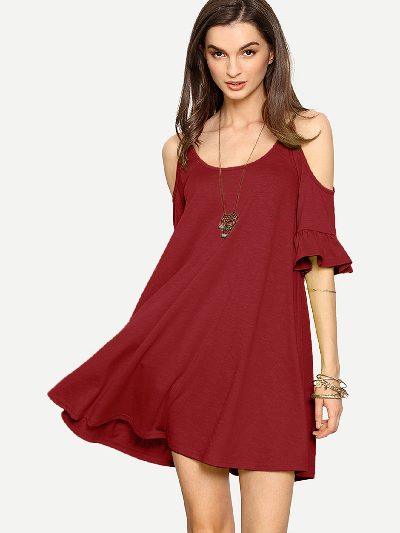 Cold Shoulder Ruffle Cuff Flowy Dress -SheIn(Sheinside)