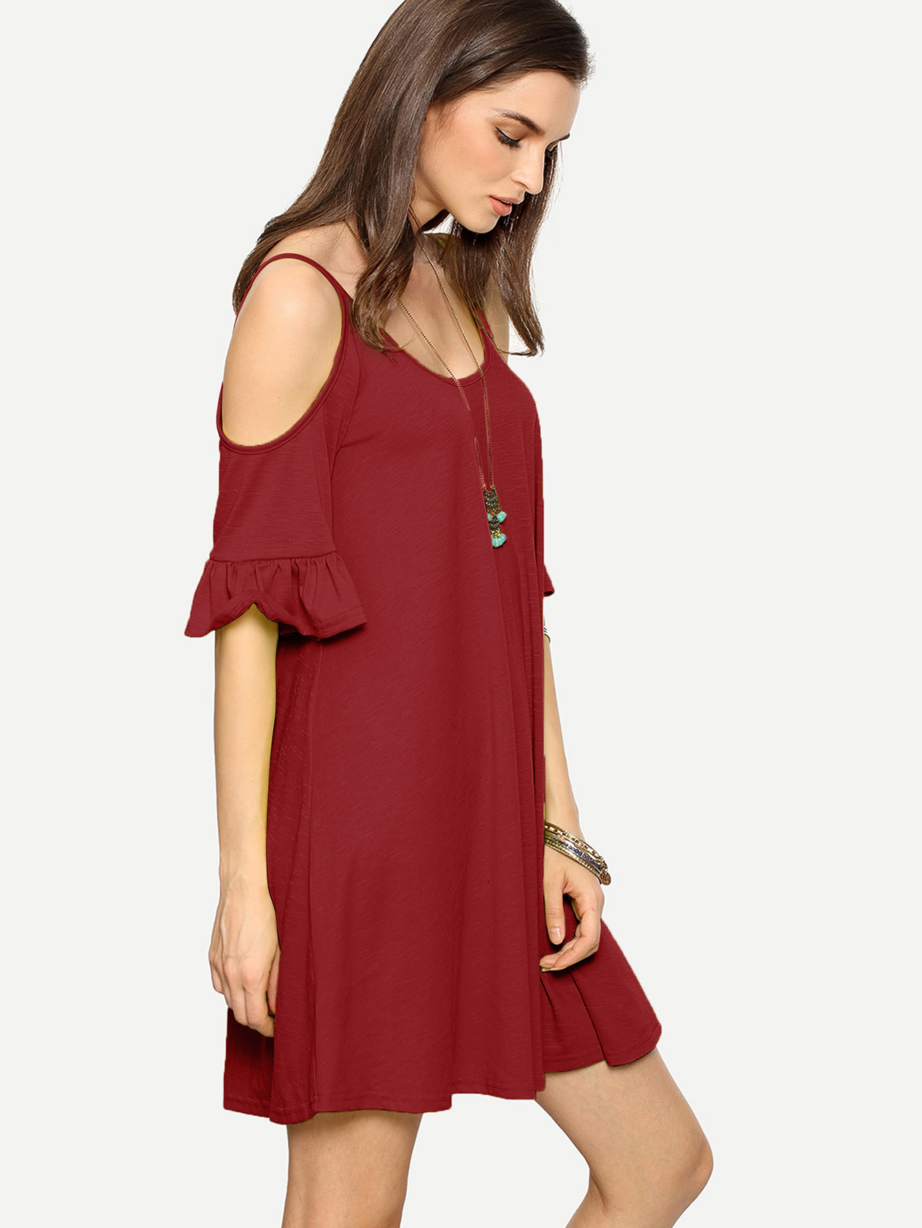 Cold Shoulder Ruffle Cuff Flowy Dress -SheIn(Sheinside)