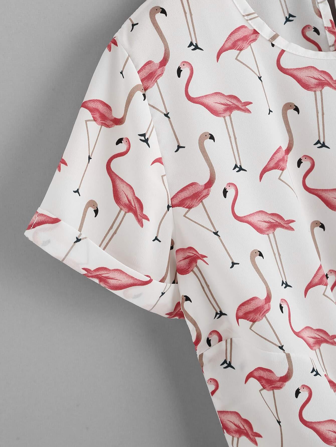 Flamingo Print Knotted Hem Cuffed Blouse -SheIn(Sheinside)