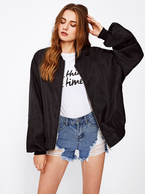 Patch Back Ribbon Detail Oversized Bomber Jacket | SHEIN USA