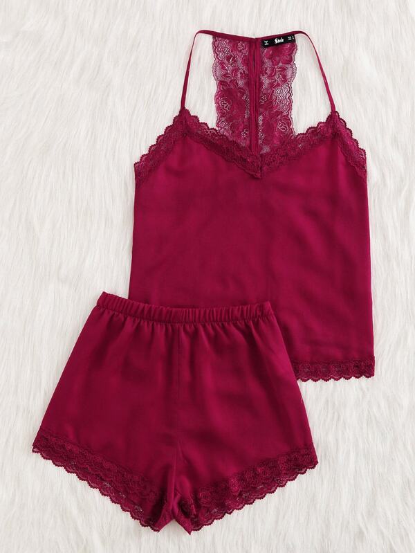 SHEIN Lace Racerback Cami And Shorts Pajama Set | SHEIN USA