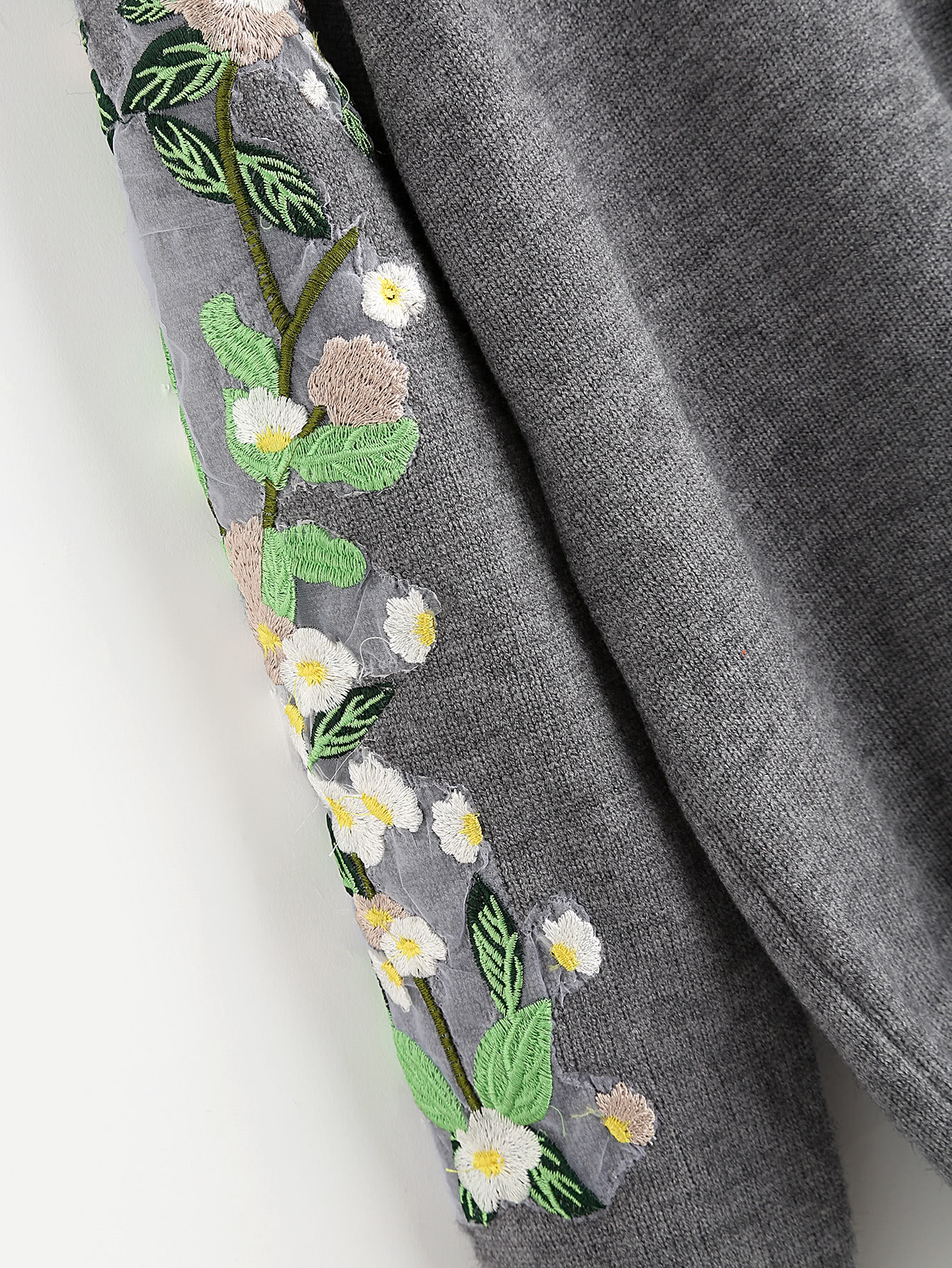 Embroidered Flower Applique Heather Knit Sweater -SheIn(Sheinside)