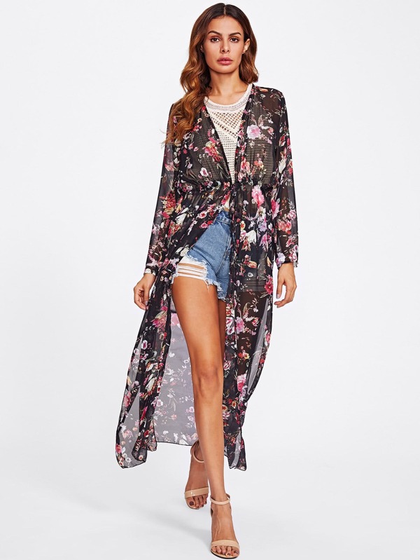Random Florals Slit Side Drawstring Kimono | SHEIN USA