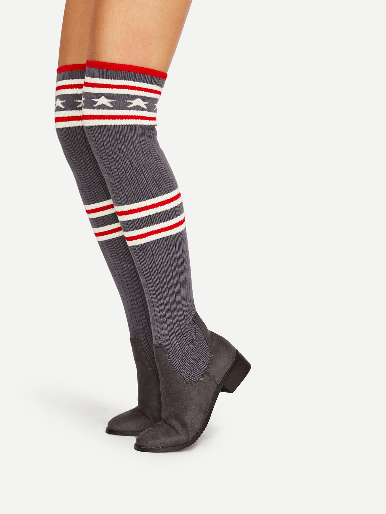 Striped Detail Thigh High Knit Sock Boots -SheIn(Sheinside)