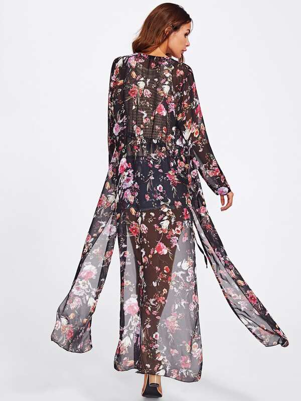 Random Florals Slit Side Drawstring Kimono | SHEIN USA