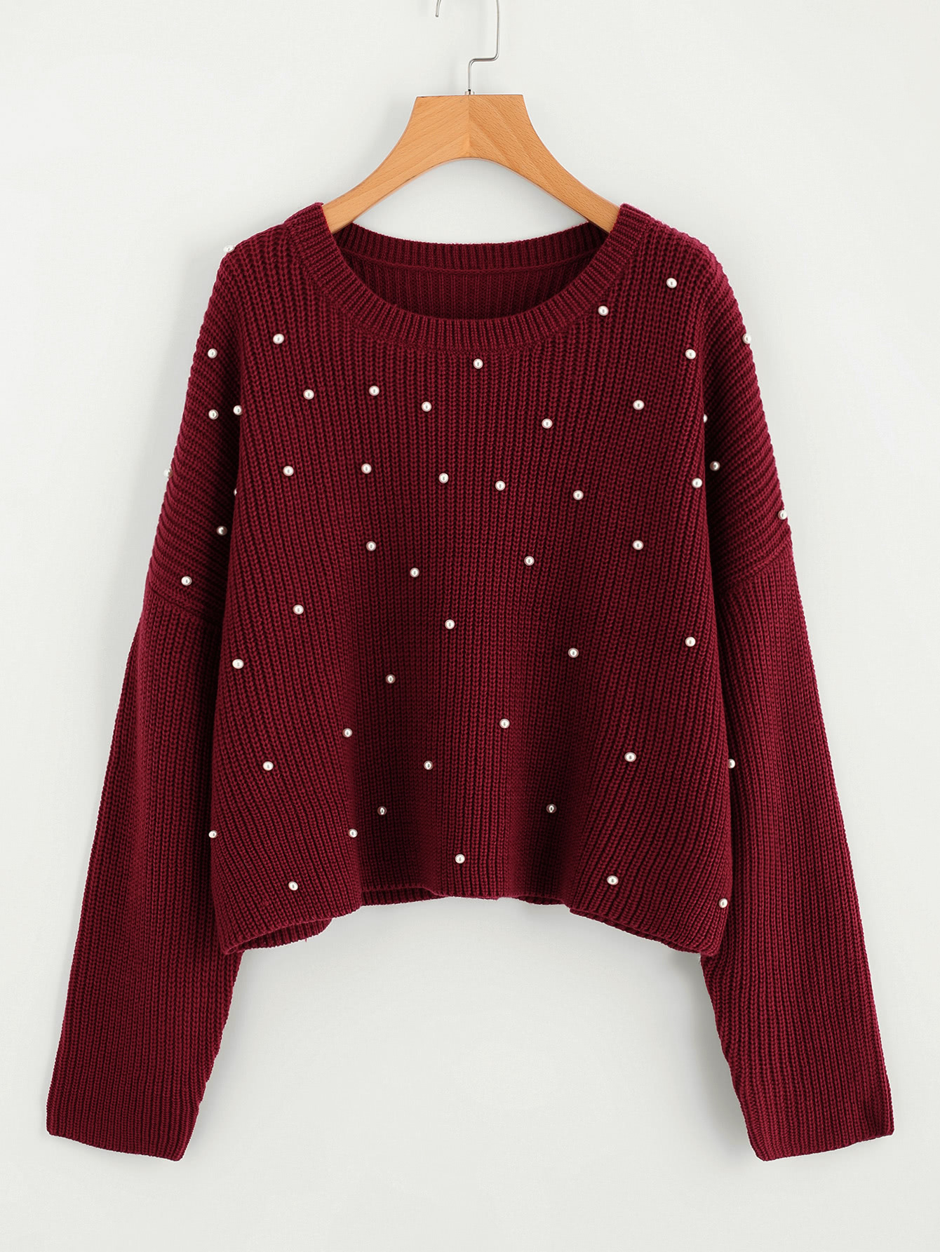 Drop Shoulder Pearl Beading Sweater -SheIn(Sheinside)