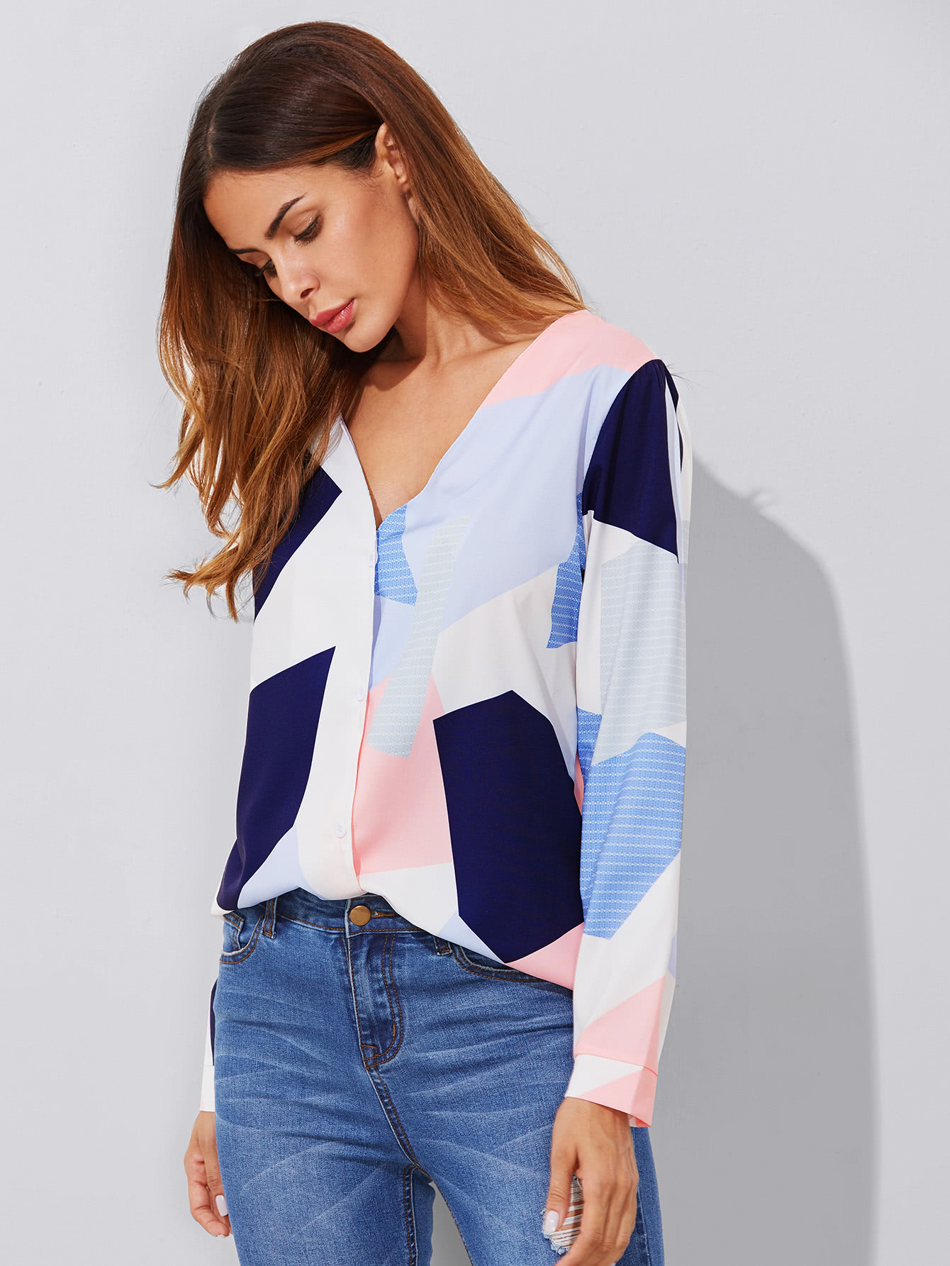 V Neckline Patchwork Blouse -SheIn(Sheinside)