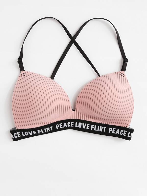 Slogan Tape Cross Back Striped Bra | SHEIN USA