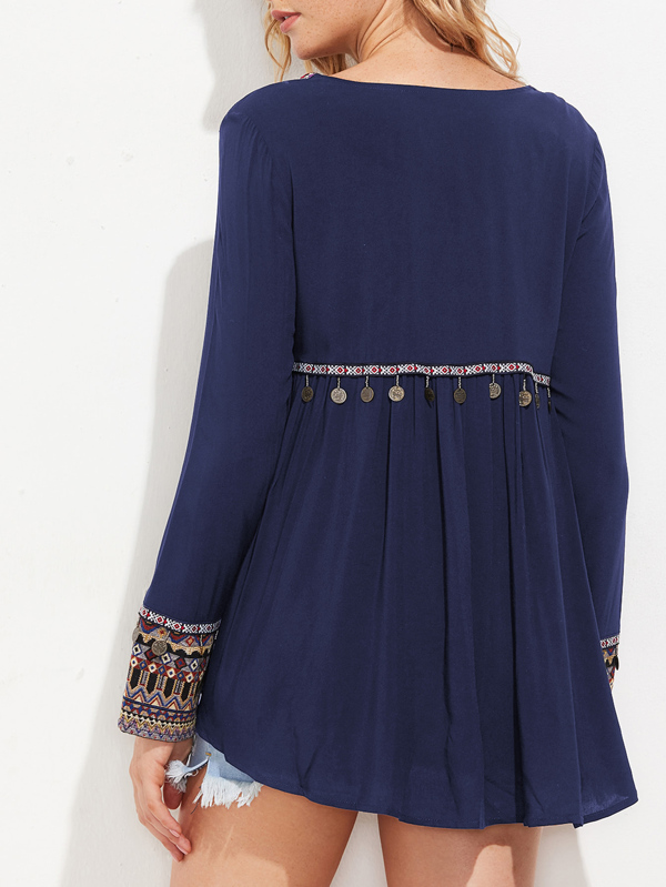 SHEIN Tribal Embroidered Dip Hem Smock Top | SHEIN USA