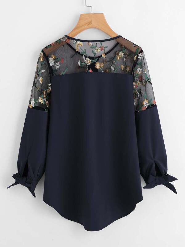Embroidered Mesh Panel Dip Hem Tie Cuff Blouse | SHEIN USA