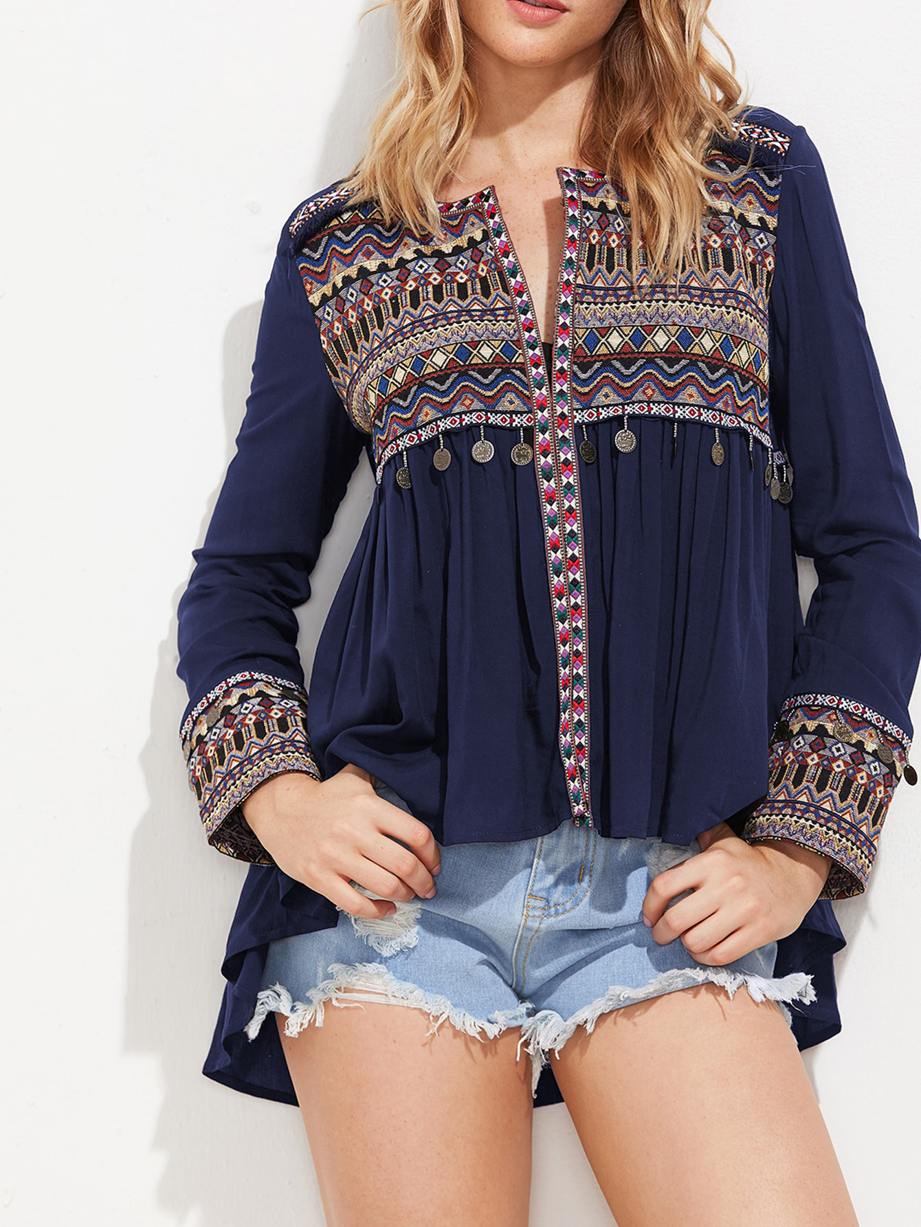 SHEIN Tribal Embroidered Dip Hem Smock Top | SHEIN USA