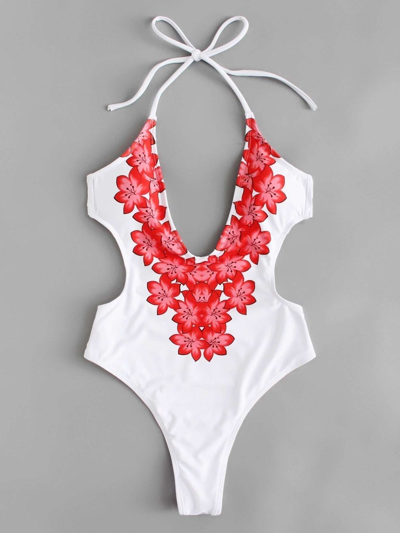 Flower Print Backless Swimsuit -SheIn(Sheinside)