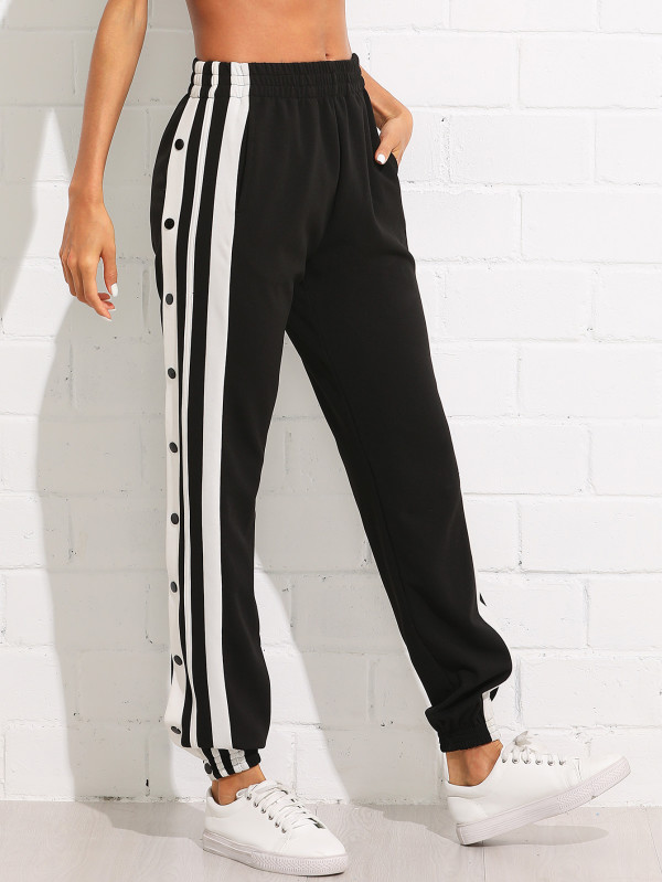 SHEIN Coolane Snap Button Striped Side Trousers | SHEIN UK
