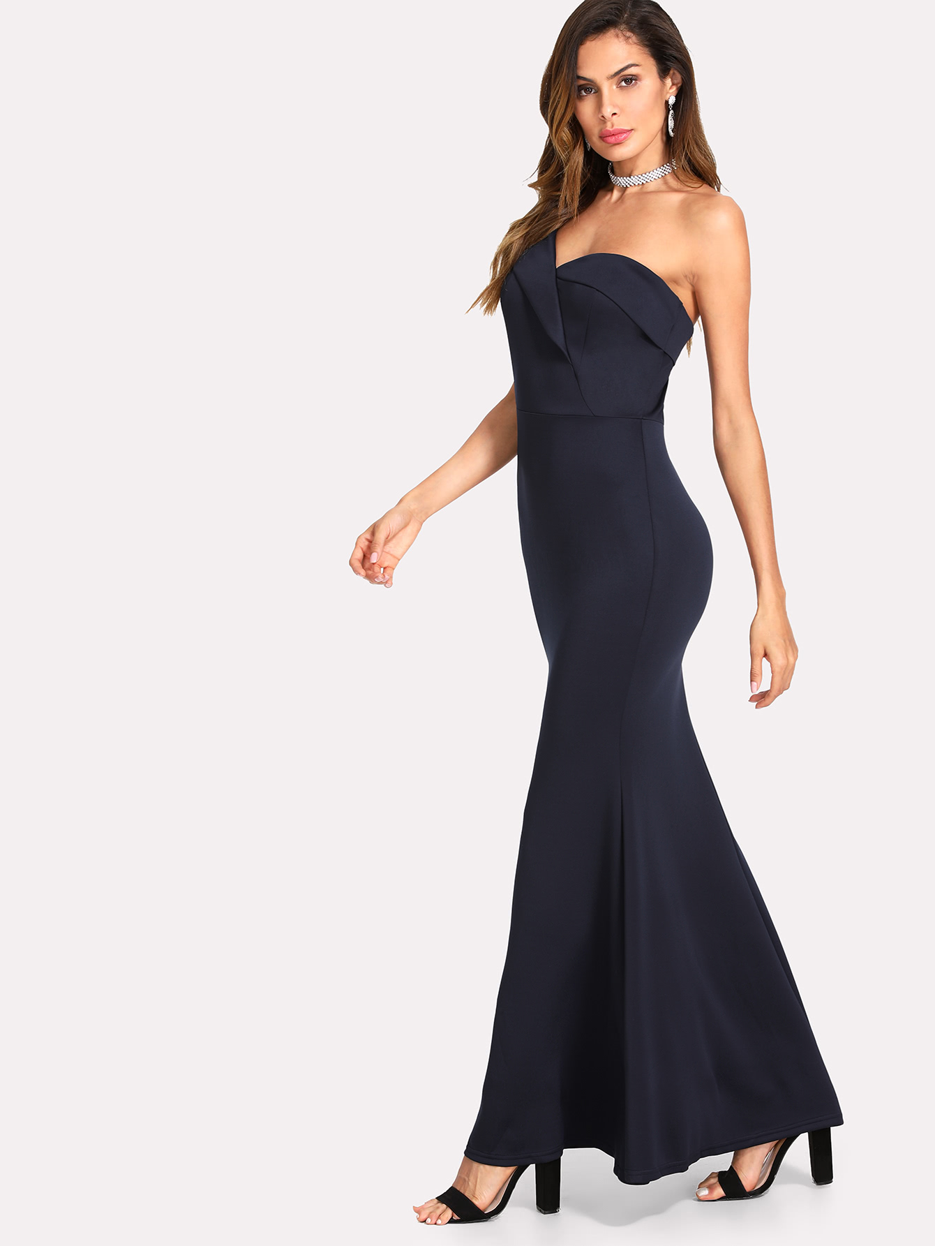 One Shoulder Foldover Fishtail Prom Dress | ROMWE