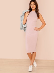 SHEIN Mock Neck Rib Knit Midi Dress | SHEIN USA