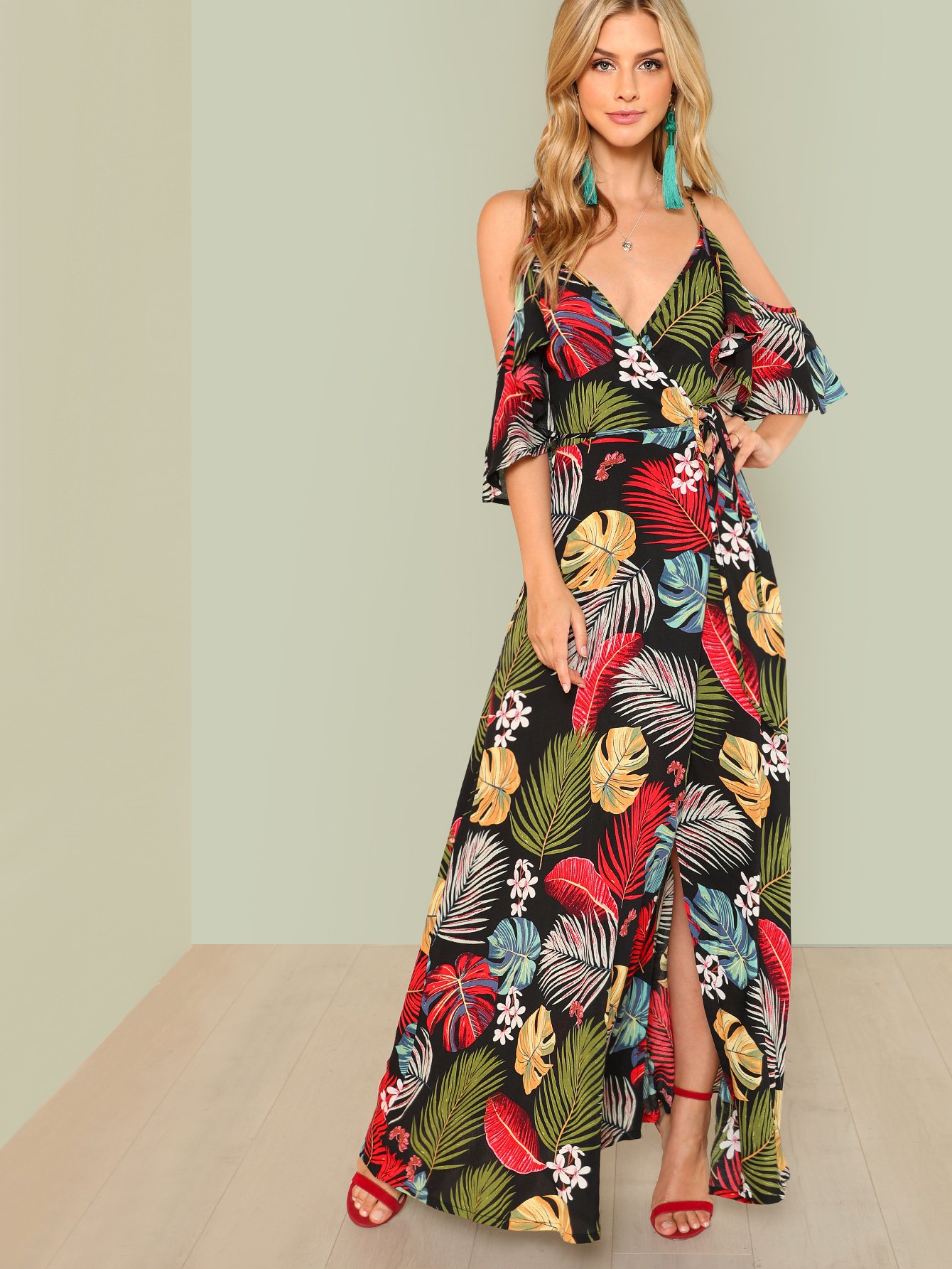 SHEIN Tropical Cold Shoulder Split Maxi Surplice Dress | SHEIN USA