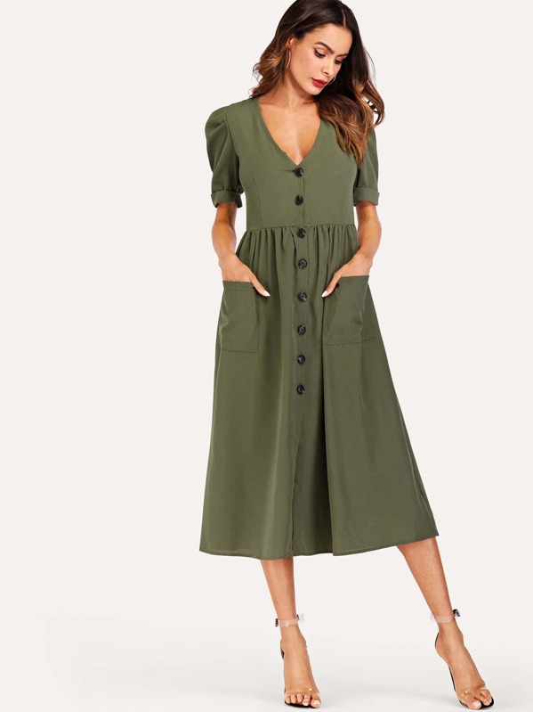 Button Through Pocket Patched Midi Dress | SHEIN USA