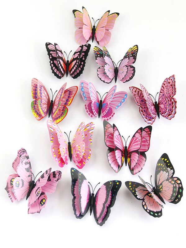 12pcs 3D Butterfly Wall Sticker, Pink Two Layered Butterfly Wings ...