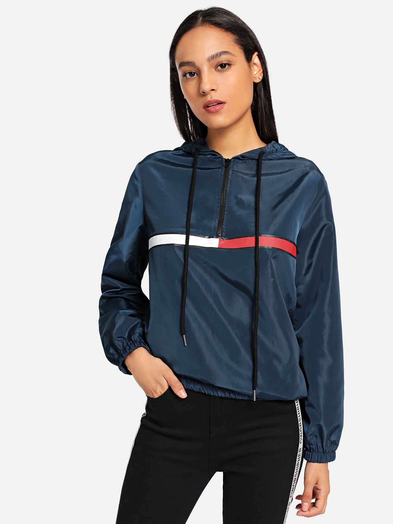 Half Placket Hooded Windbreaker Jacket