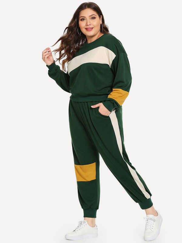 Plus Color-block Sweatshirt With Pants | SHEIN USA