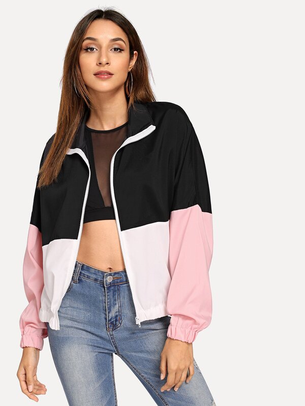 SHEIN Elastic Hem Color Block Windbreaker Jacket | SHEIN USA